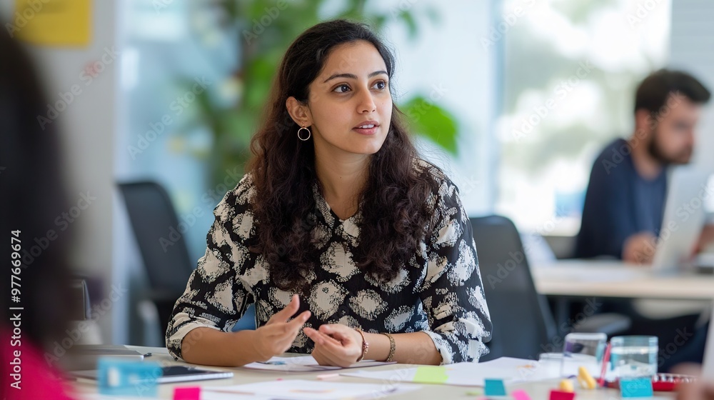 female startup founder pitching her idea to investors, intense focus ...