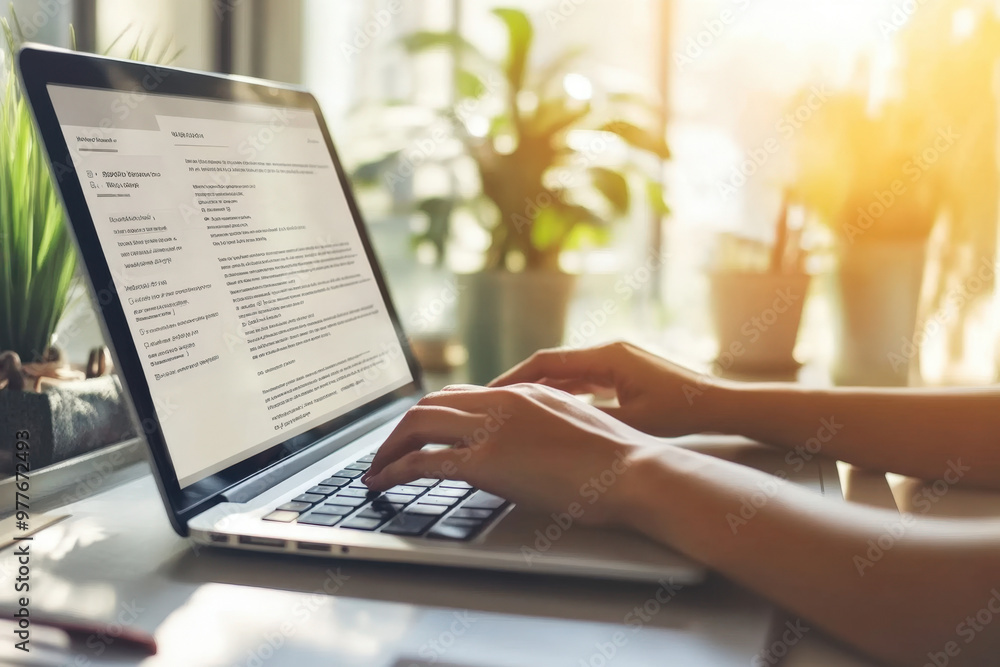 Woman is carefully reading a document on her laptop and typing ...