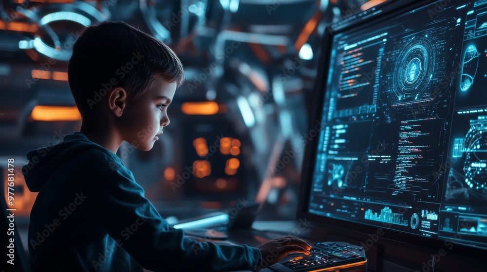 Child posing as a virtual world creator, coding immersive experiences ...