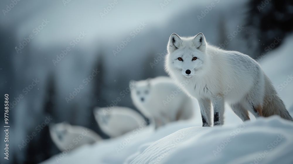 This striking image features a white arctic fox standing alert in a ...