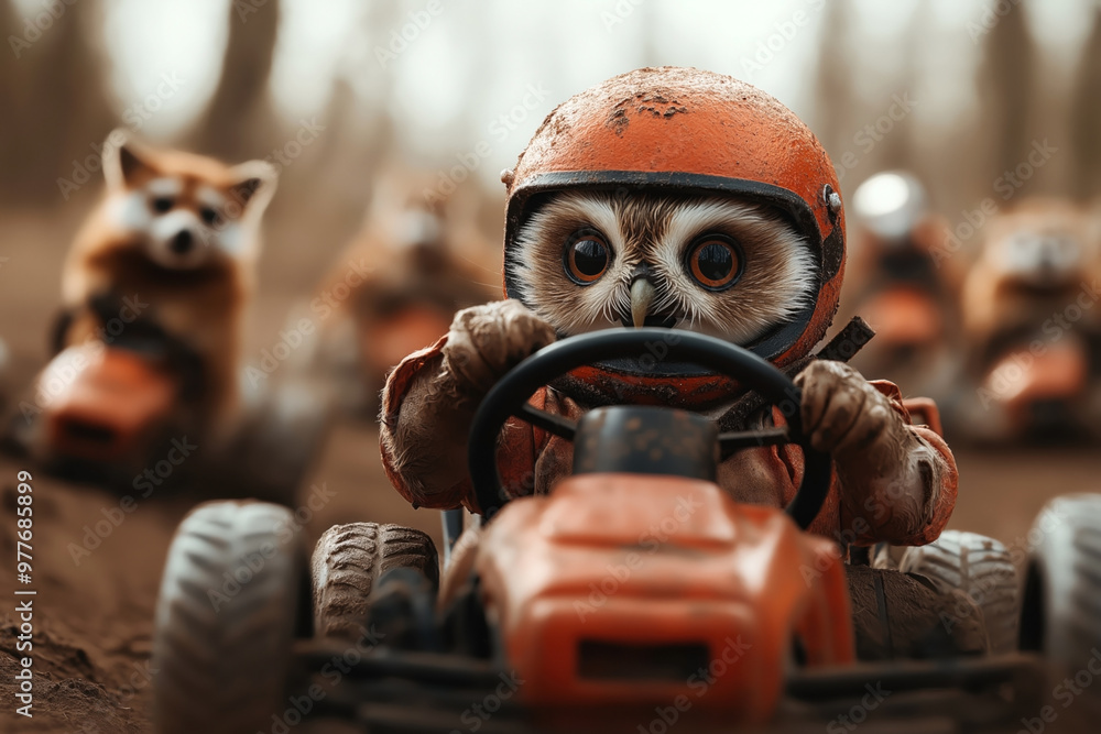 Anthropomorphic owl driving a go-kart, wearing a racing helmet, with a ...