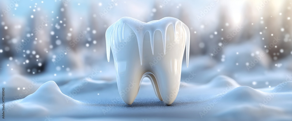 Frosty tooth with icicles in snowy winter wonderland. Cold sensitivity ...