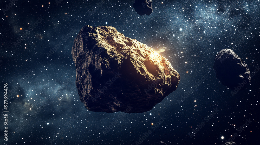 large asteroid floating through deep space, surrounded by stars and ...