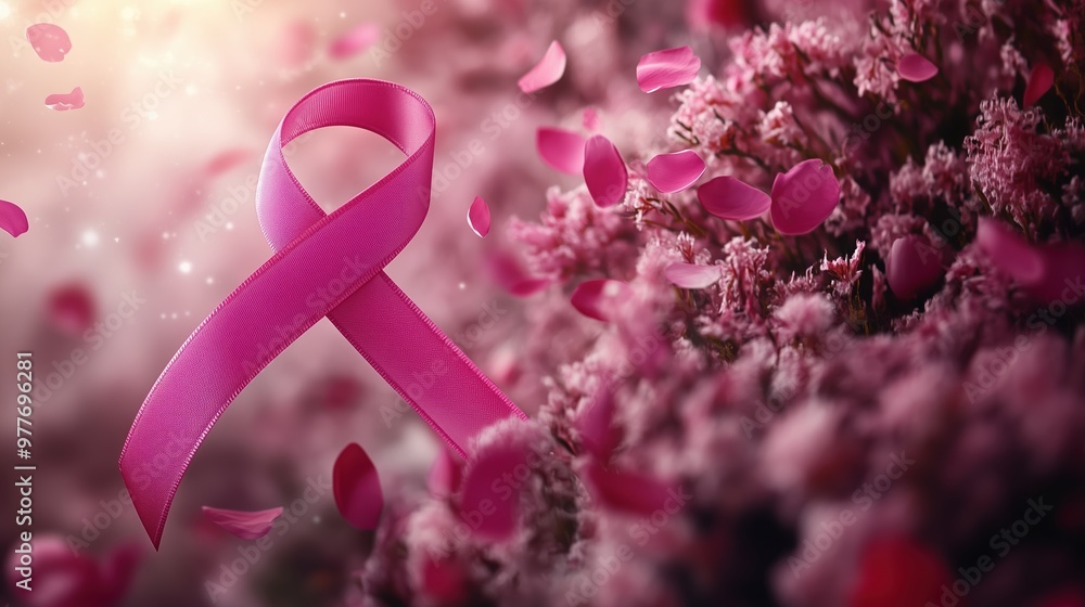 A pink cancer awareness ribbon displayed on a delicate background ...
