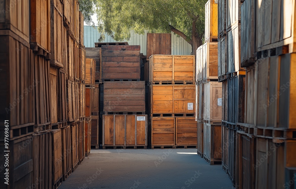 Huge wooden crates piled high in a storage room. Large cartons of ...