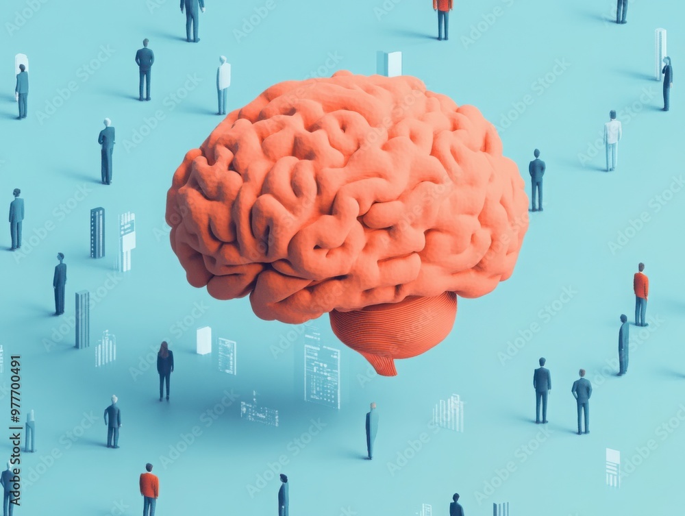 Massive AI brain emerging from a cloud of data, people scattered below ...