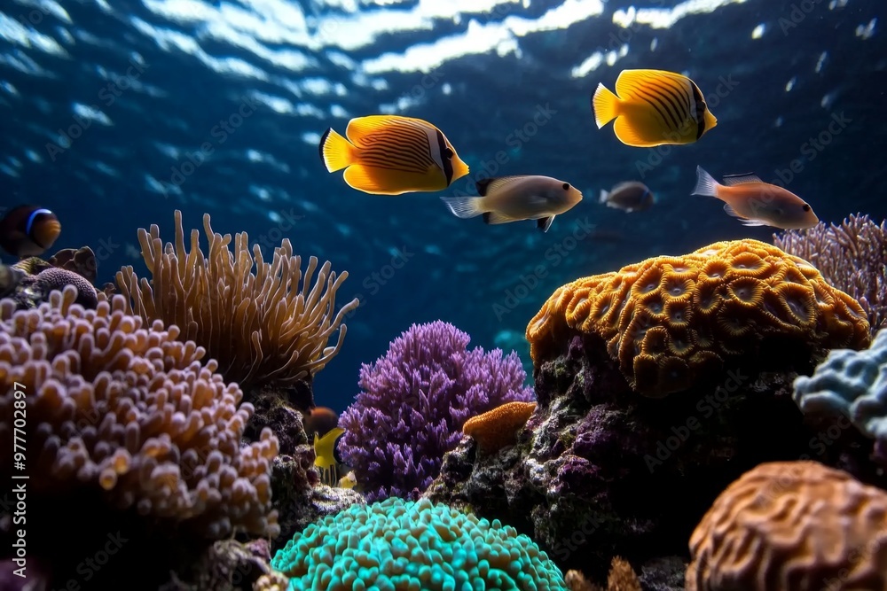 Calming coral reef scene in an aquarium, with fish peacefully gliding ...