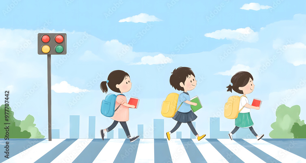 Group of School Children Crossing a Street at a Crosswalk with Traffic ...