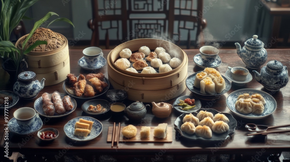 A high-resolution photo of a traditional dim sum table with an ...