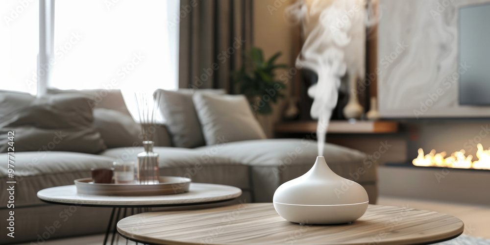 aromatherapy, modern aroma diffuser and humidifier on the coffee table ...