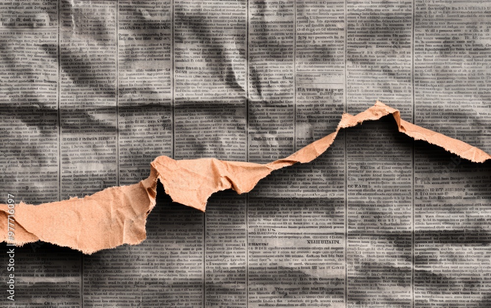 A wrinkled and torn newspaper front page with faded headlines, worn ...