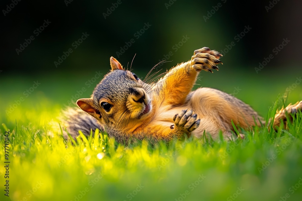 Squirrel rolling around in the grass, enjoying a sunny afternoon in a ...