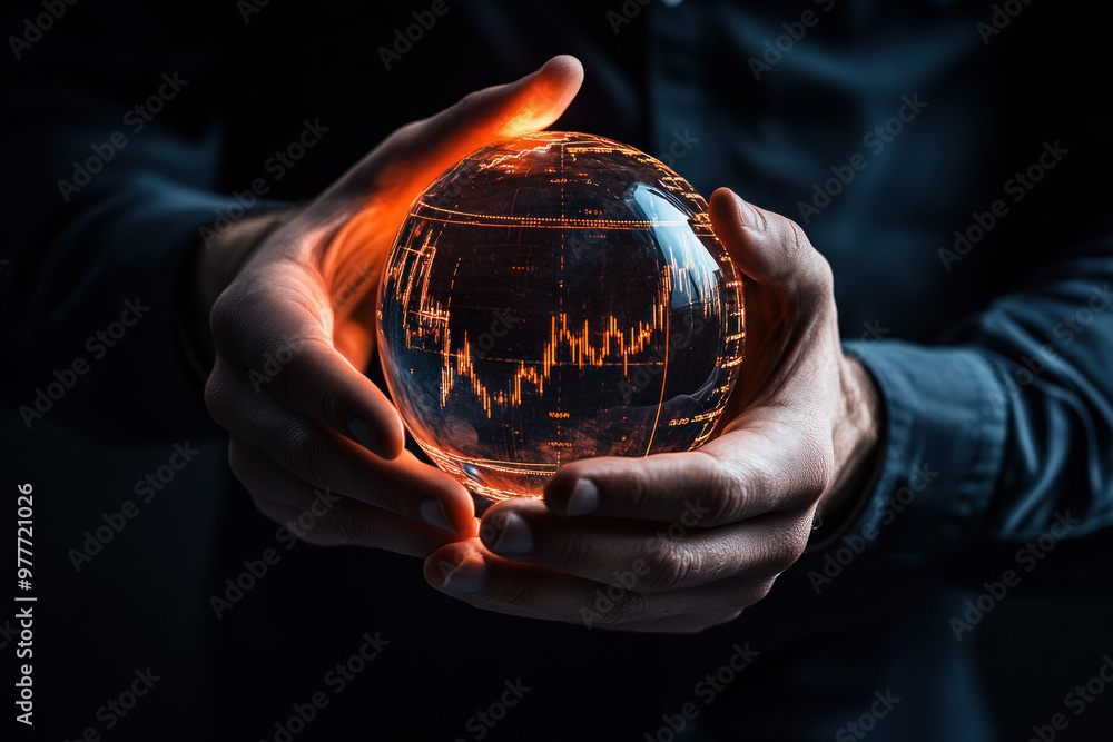 Hands holding a glowing sphere with graphs of supply and demand ...