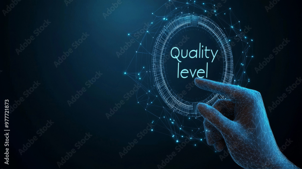 Quality levels dial control. Wireframe hand adjusting a quality level ...