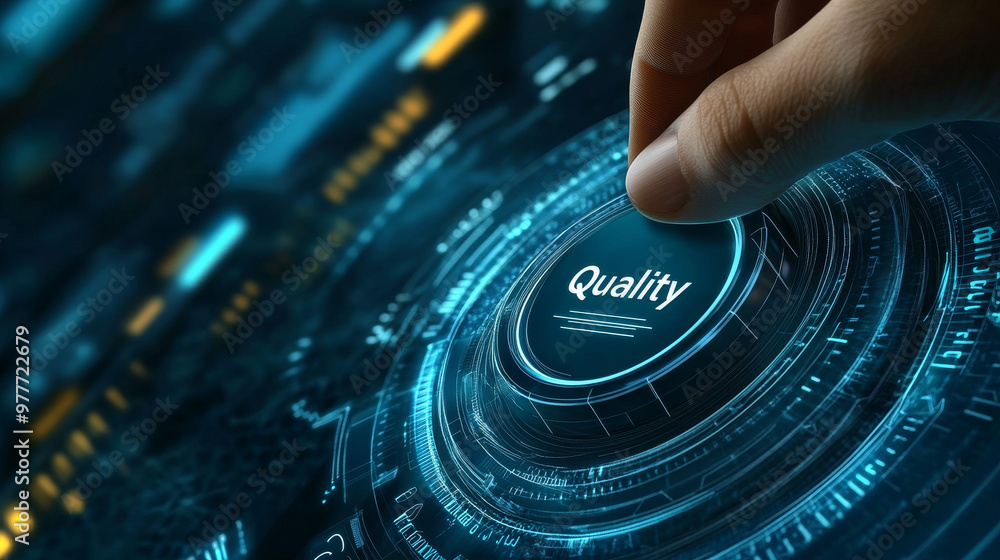 Quality levels dial control. Wireframe hand adjusting a quality level ...