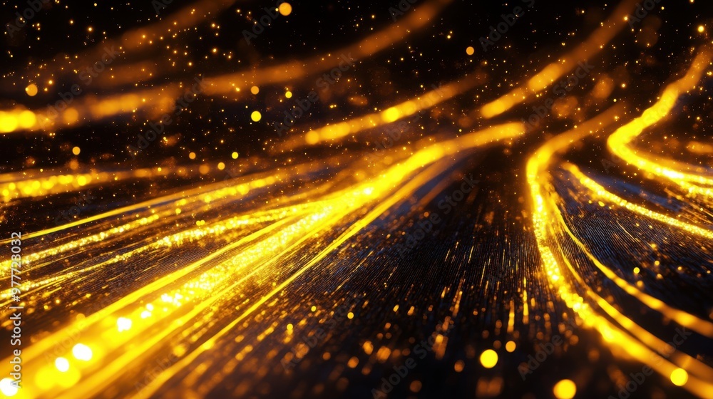 Yellow light streaks and particle dispersion with neon glows on a dark ...