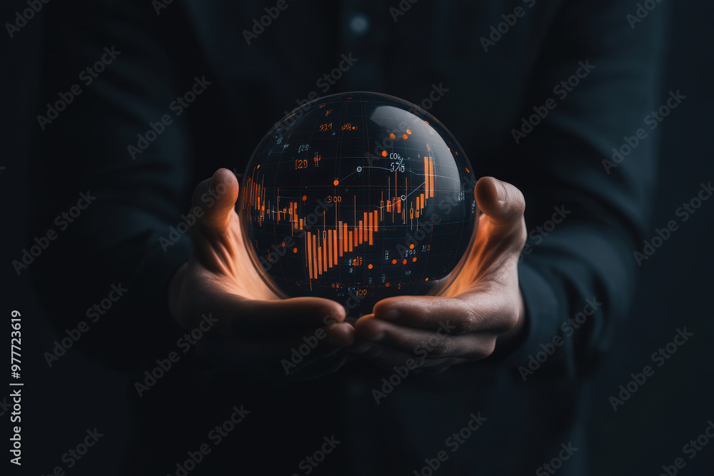 Hands holding a glowing sphere with graphs of supply and demand ...