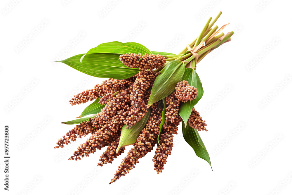 Sorghum milo or millet stalks tied together in bundle isolated on a ...