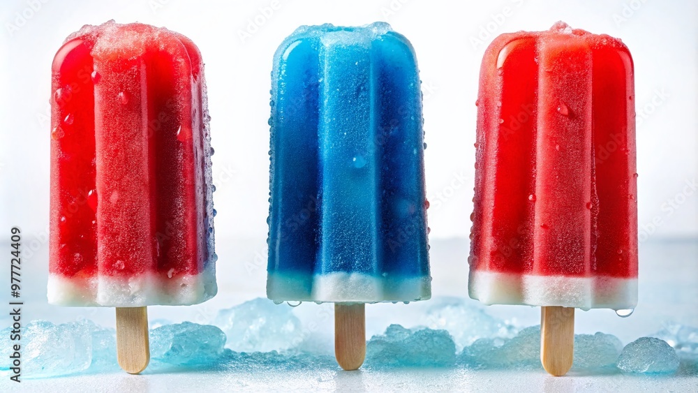 Vibrant red, white, and blue ice pops stand upright in a row ...