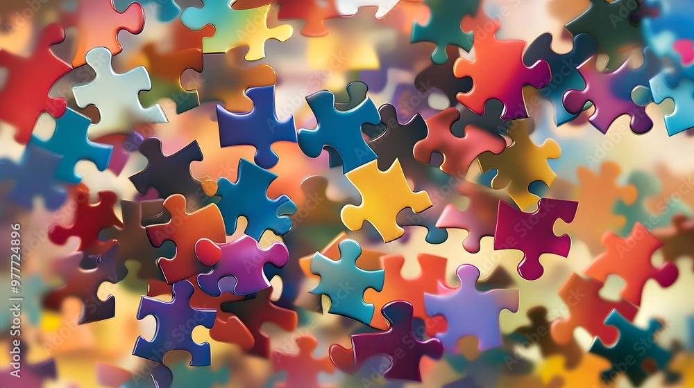 Floating Puzzle Pieces: Colorful puzzle pieces floating in mid-air ...