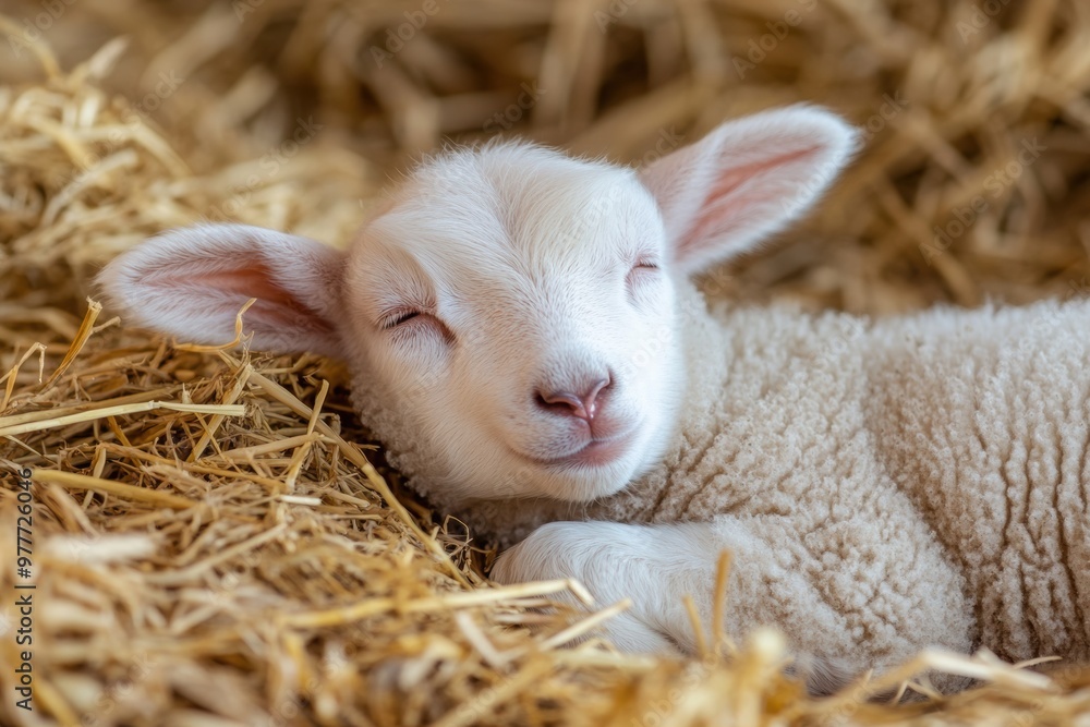 Cute peaceful lamb sleeping on straw in a barn Stock Photo | Adobe Stock