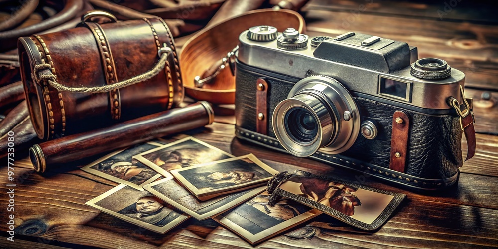 Vintage film camera with ornate metal body and worn leather case ...