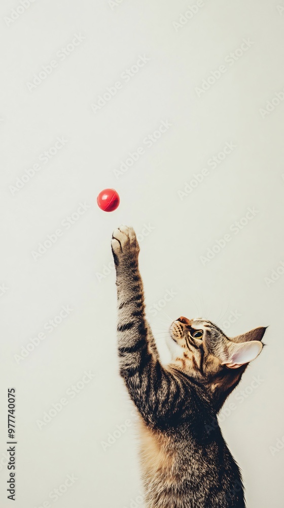 Manee cat playfully reaching for a toy, highlighted against a light ...