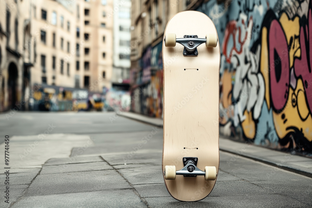 Street scene featuring a blank skateboard mockup standing upright on an ...
