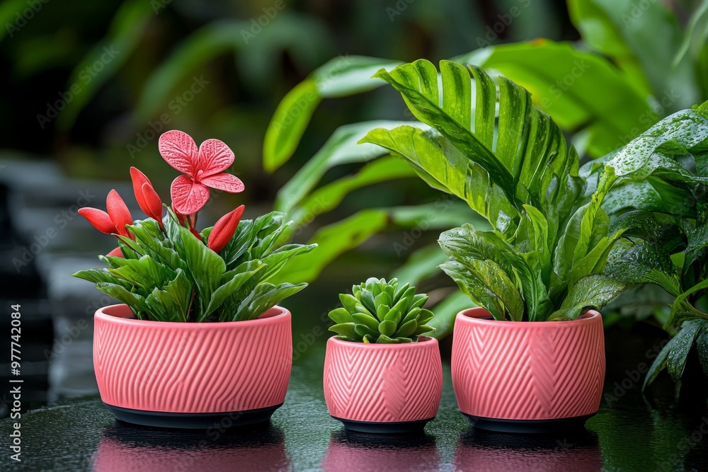 Calming coral plant pots and dÃ©cor in a garden, adding a peaceful ...