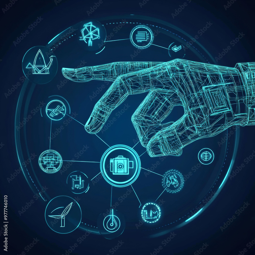 Wireframe hand flipping an energy transition switch from fossil fuels ...