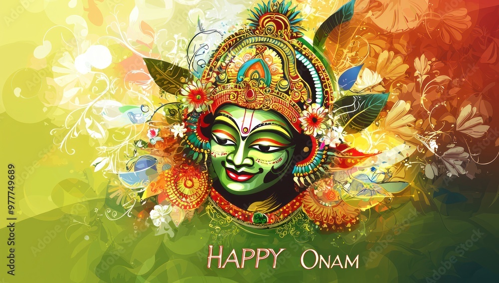 Vector illustration of the happy Onam festival with a Kathakali mask in ...