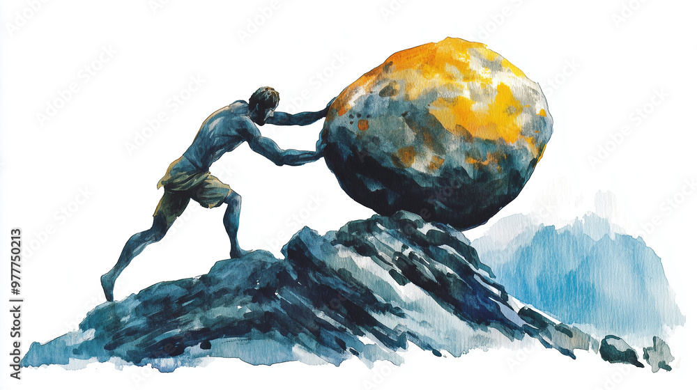 watercolor illustration of Sisyphus rolling enormous boulder rock up ...
