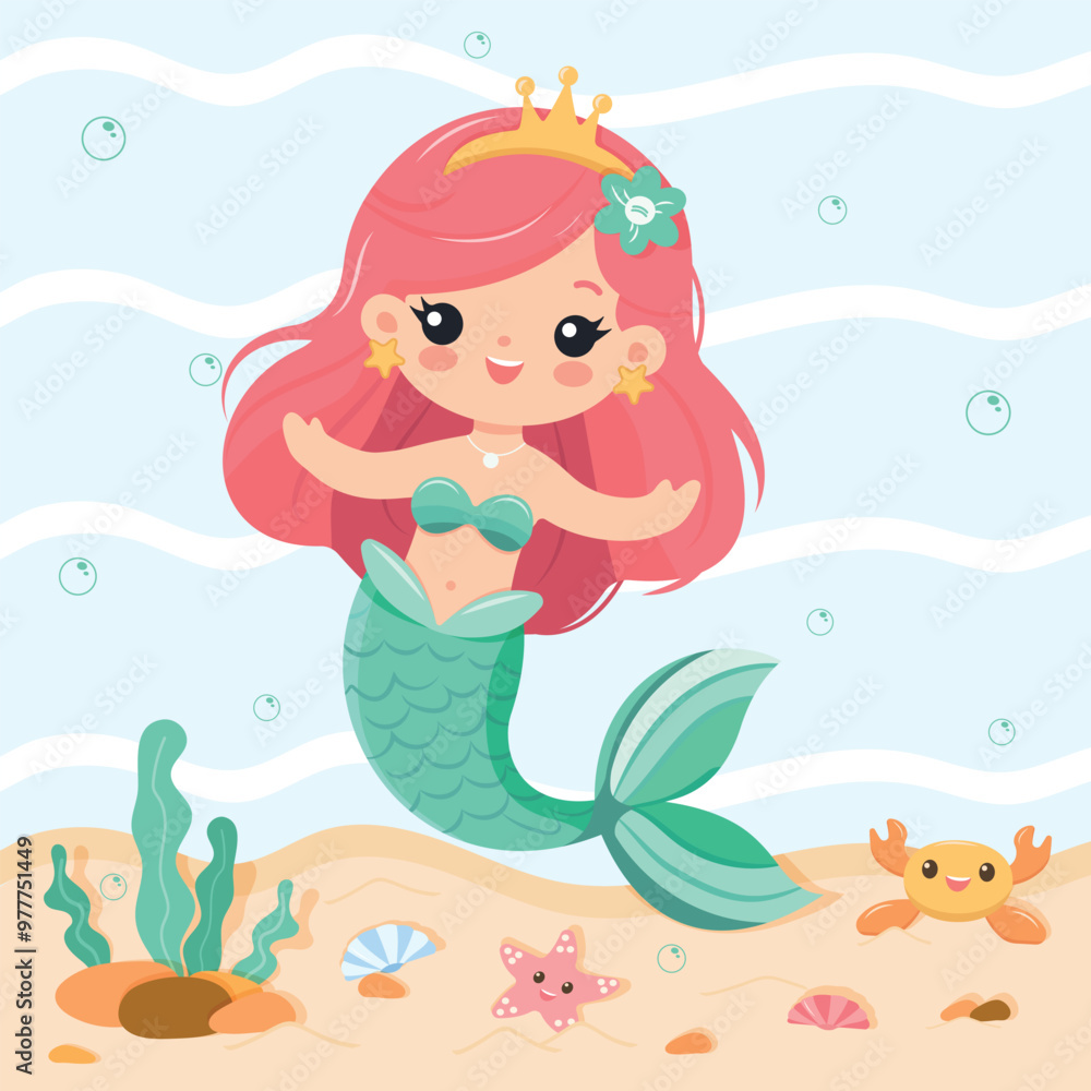 Sweet and kind mermaid with open arms and crown underwater. Vector ...