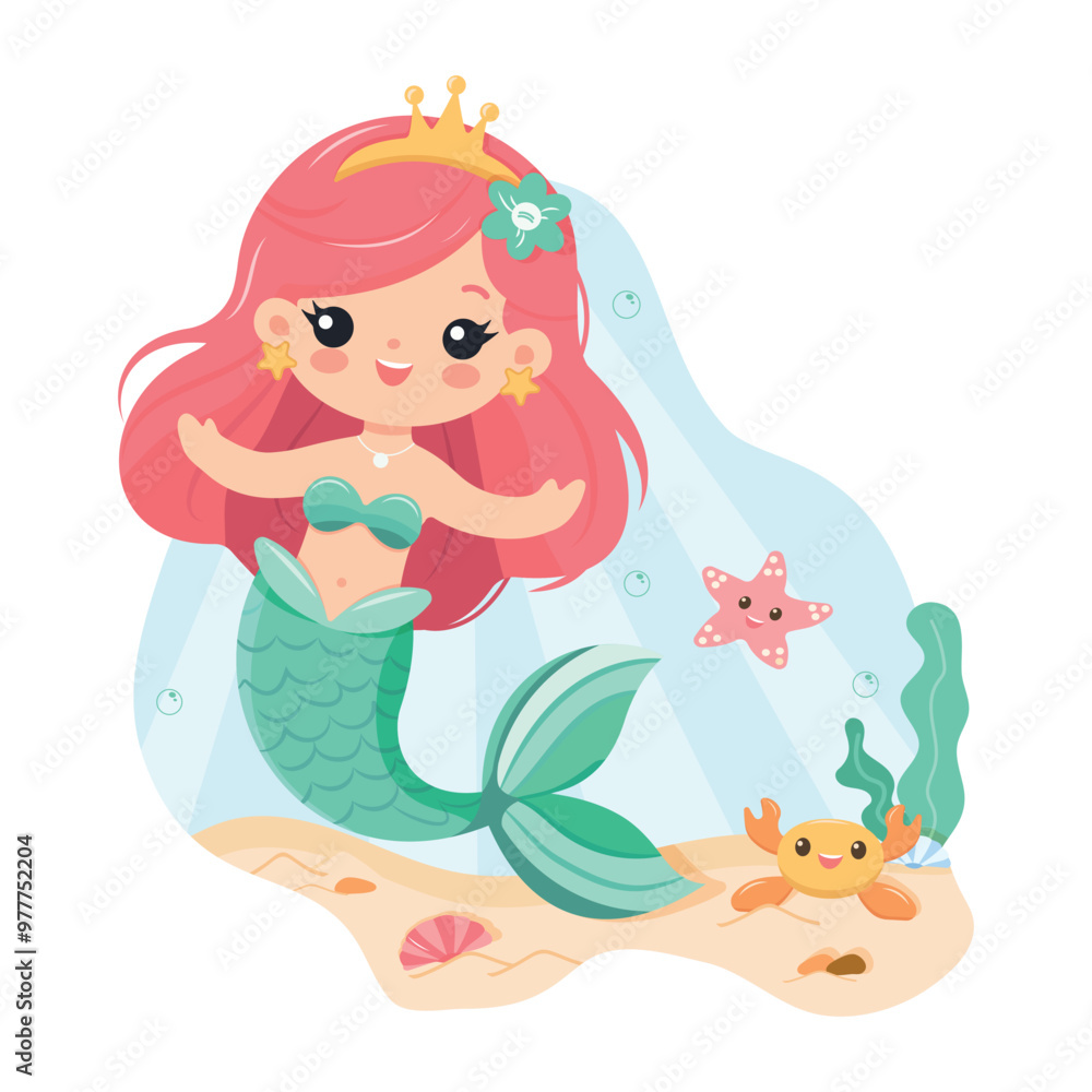 Sweet and kind mermaid with open arms and crown on white Background ...