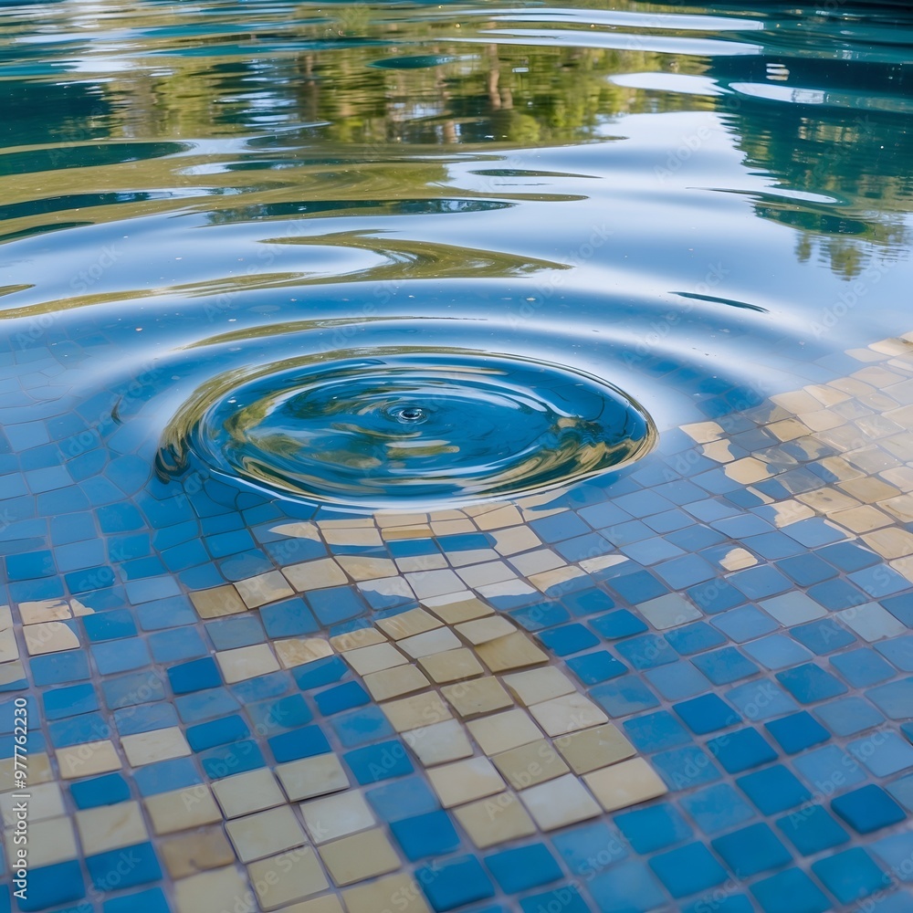 serene and reflective scene of a water surface, likely a pool, with a ...