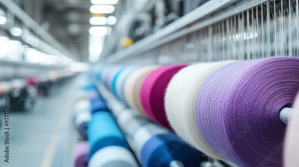 bustling textile mill with rows of weaving machines producing bright ...