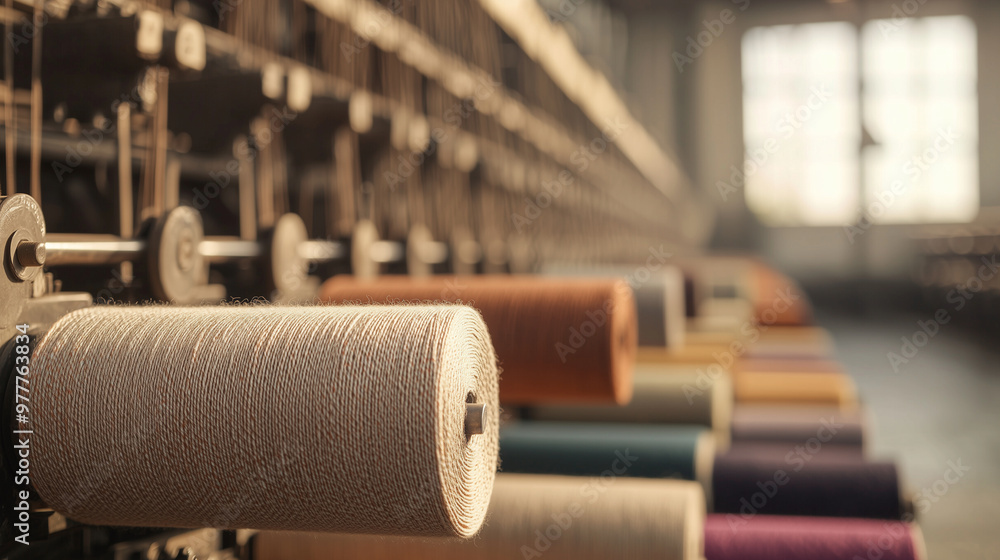 bustling textile mill with rows of weaving machines producing bright ...