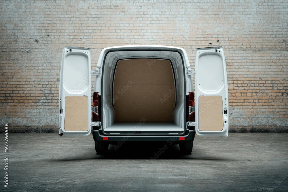 Open back view of an empty white cargo van with both rear doors open, displaying the spacious ...