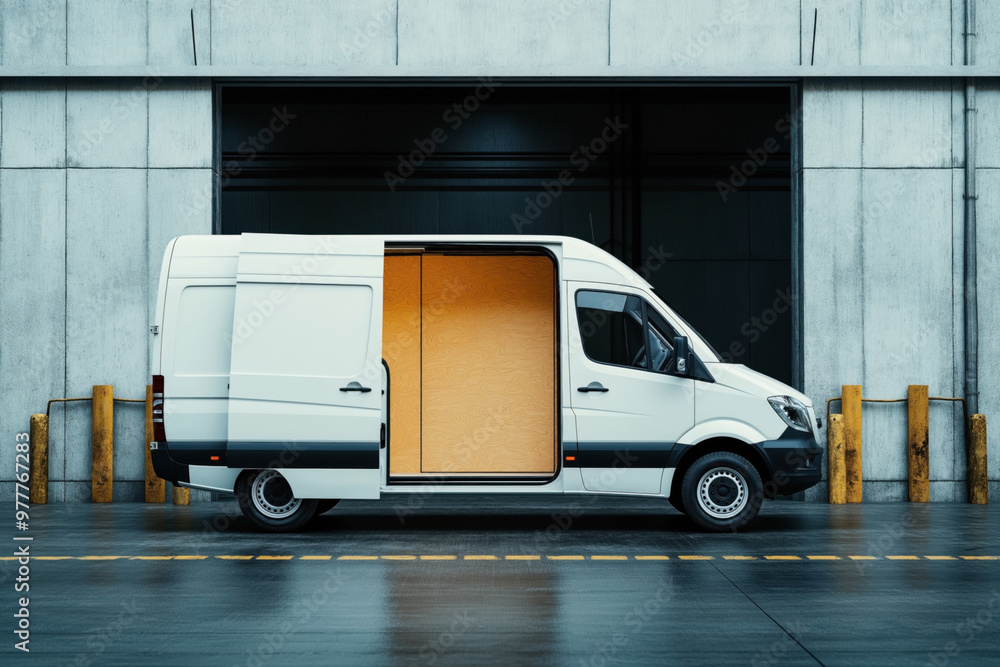 White cargo van with a sliding door open parked in front of a warehouse ...