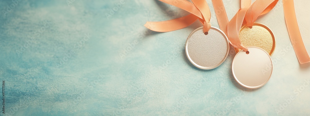 Three different metal winners medals on ribbons on a light coloured ...