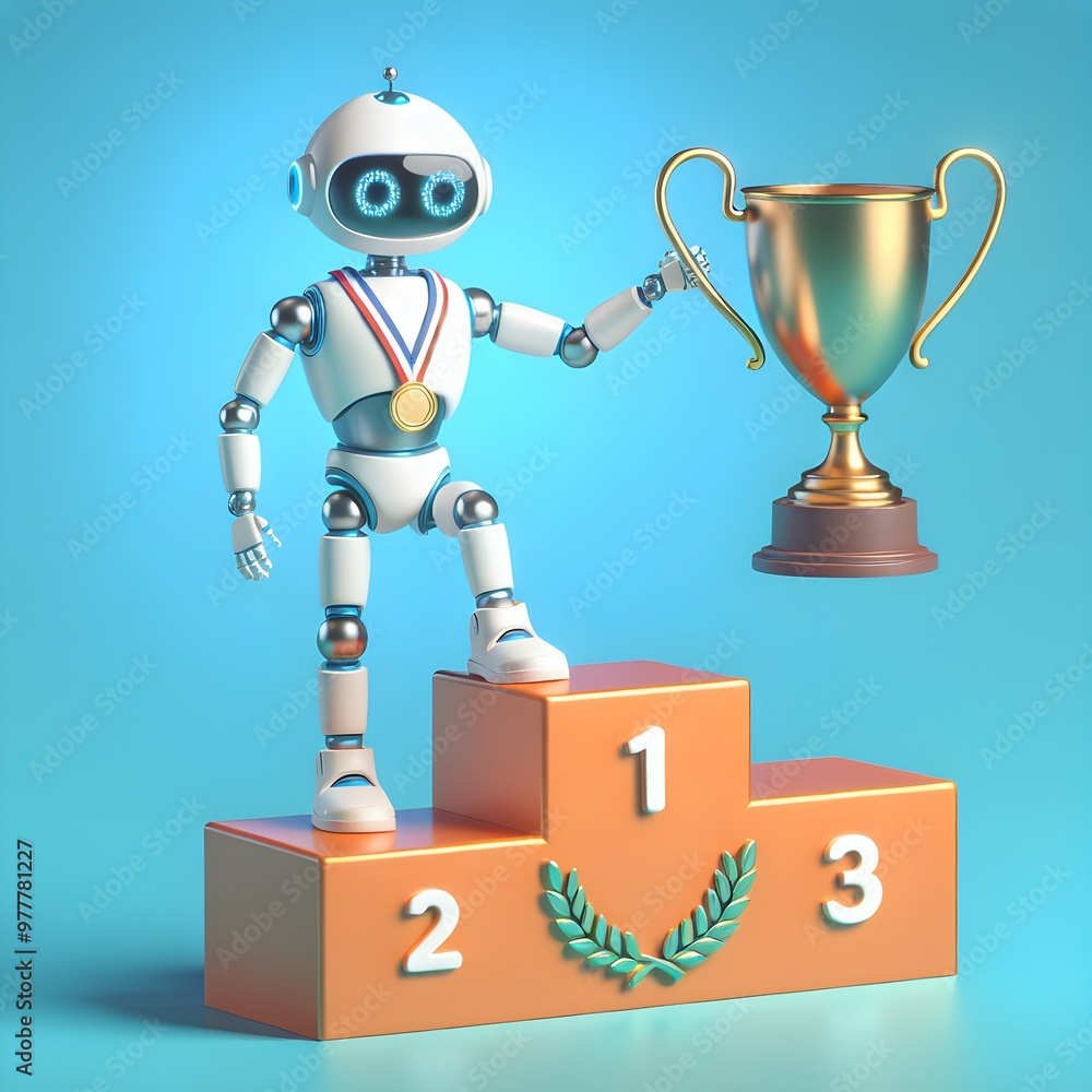 Adorable robot standing with winner cup on the sports pedestal ...