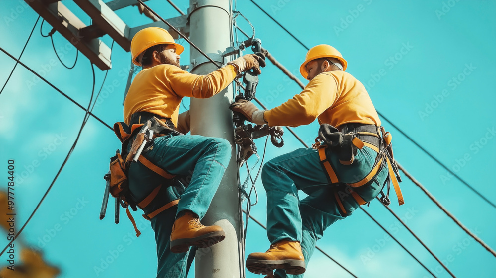 Two utility workers wearing safety gear and helmets climb a utility ...