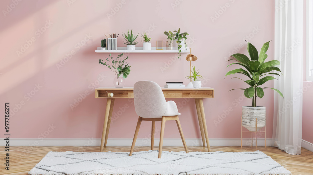 feminine home office with light pink walls and white rug on the floor ...