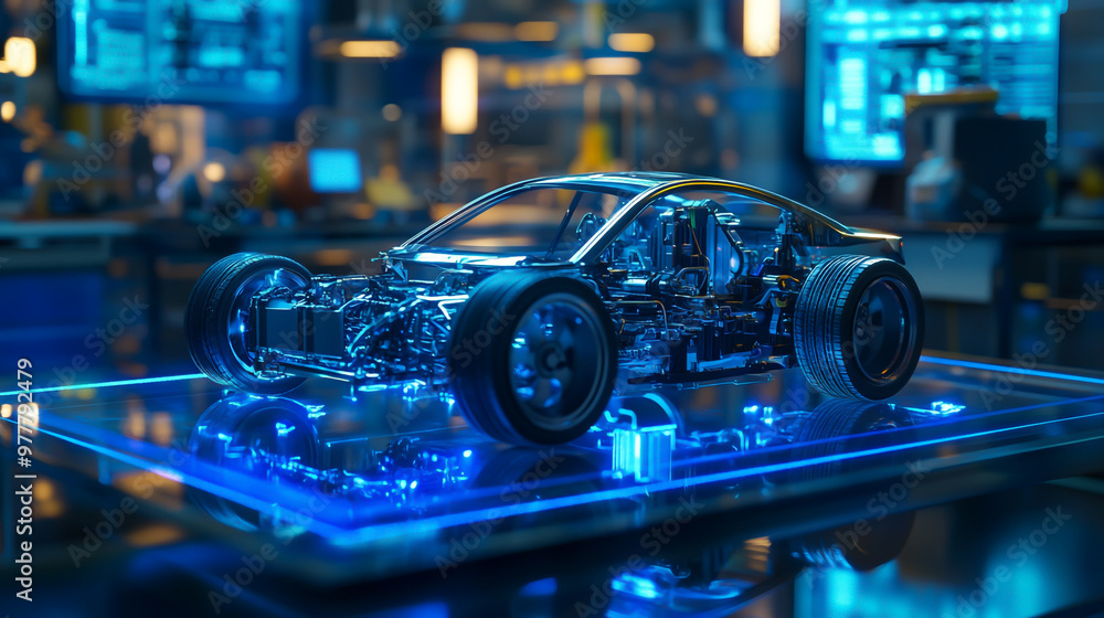 Car model with an internal structure visible, showing the engine and ...