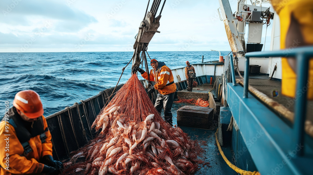 Commercial fishermen on a boat haul in a large catch of fish using a ...