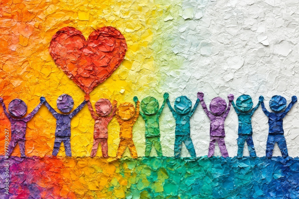 Colorful mosaic artwork of a heart and figures celebrating symbolizing ...