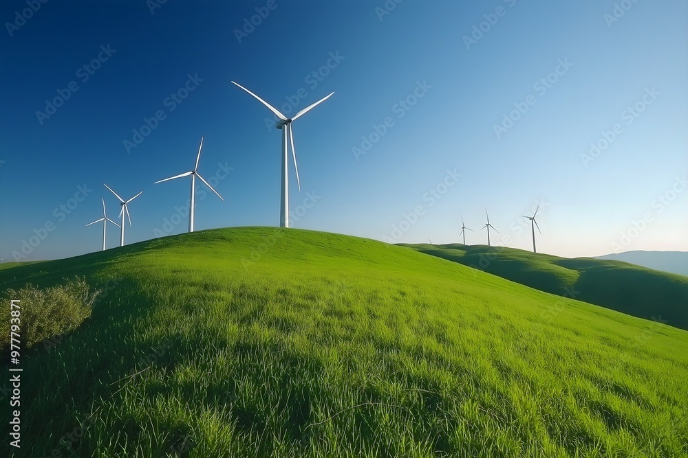 A Wind Farm On A Grassy Hillside, With Turbines Spinning Against A ...
