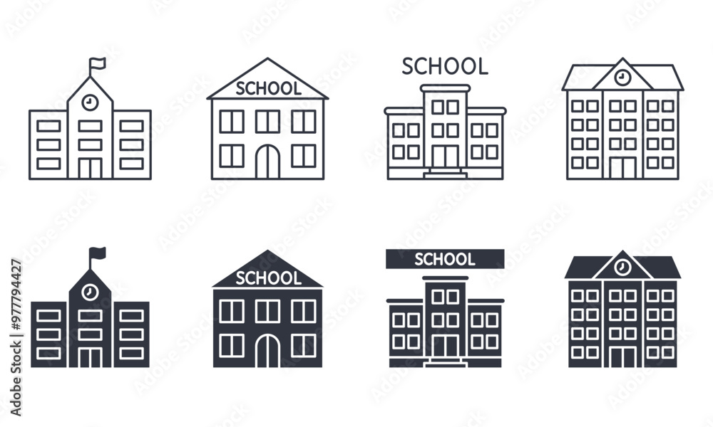 Vector icons school building. Editable stroke thin line and black solid ...
