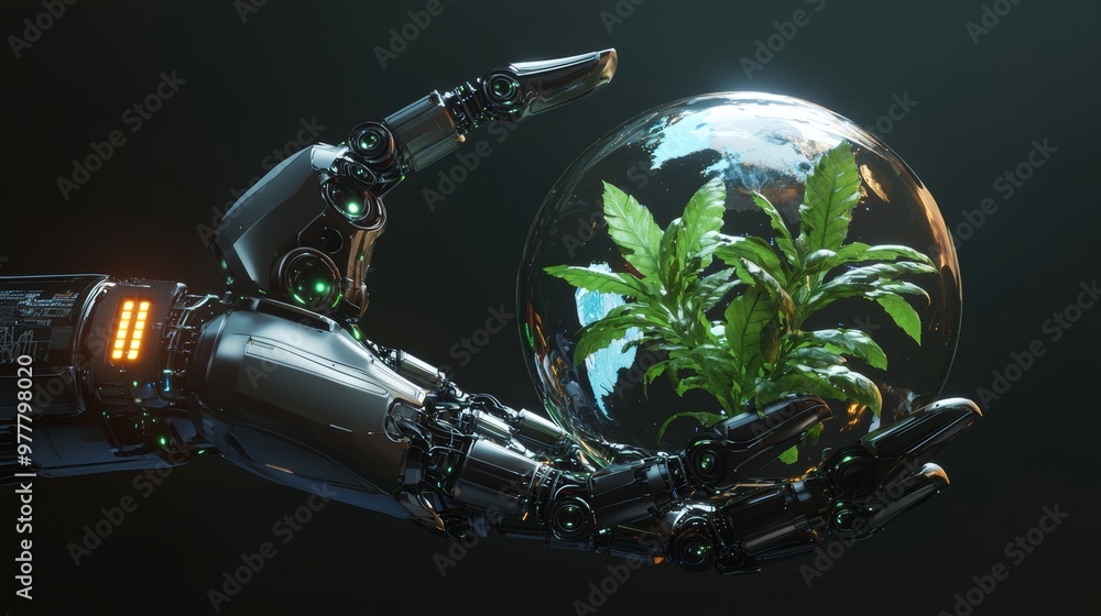 Sustainable development goal (SDG). Sphere in robot hand with tree icon ...