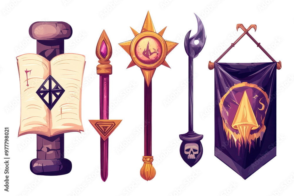 Set of fantasy RPG items including a magic scroll, staff, sword, and ...